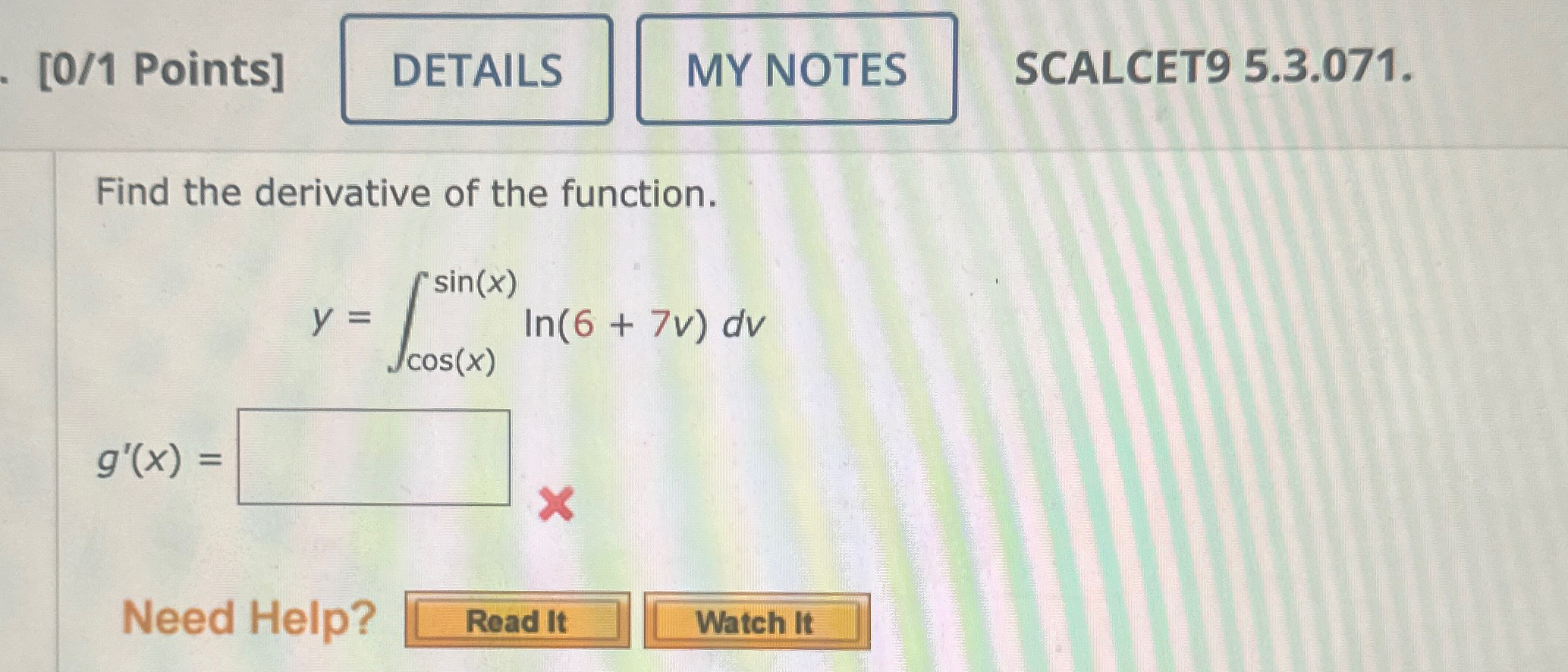 Solved [0/1 ﻿Points]SCALCET9 5.3.071.Find the derivative of | Chegg.com