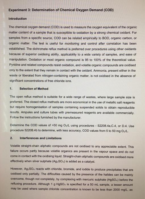 Solved Experiment 3: Determination of Chemical Oxygen Demand | Chegg.com