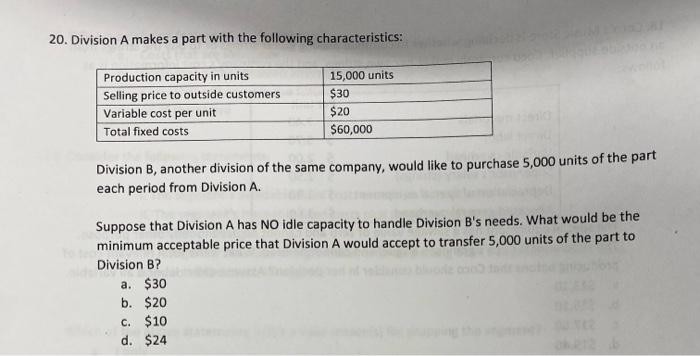 20. Division A makes a part with the following | Chegg.com