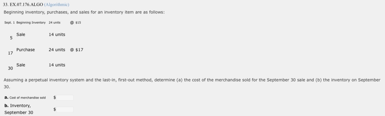 Solved EX.07.176.ALGO (Algorithmic)Beginning inventory, | Chegg.com