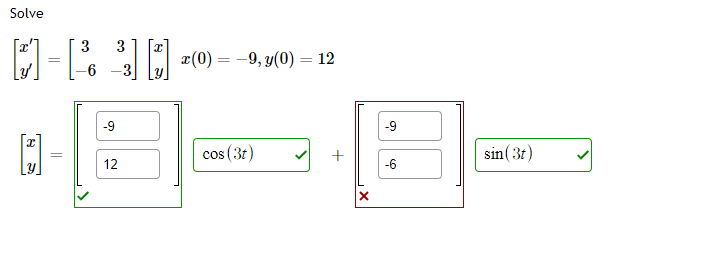 Solved Solve[x']y'=[33-3]-6[x]yx(0)=-9,y(0)=12[x]y=[ ]× | Chegg.com