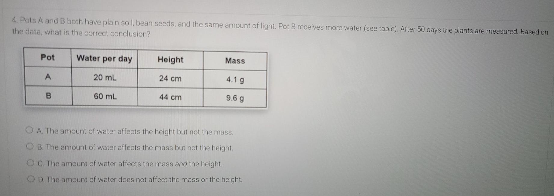 Solved 4. Pots A and B both have plain soil, bean seeds, and | Chegg.com