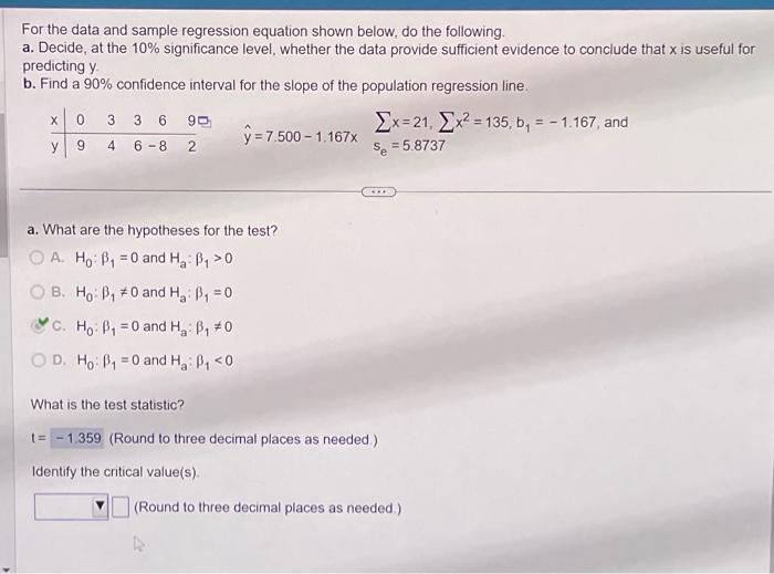 Solved For the data and sample regression equation shown | Chegg.com