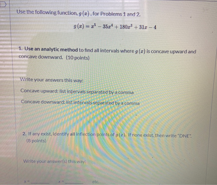 Solved Use the following function, 9(2),for Problems 1 and | Chegg.com