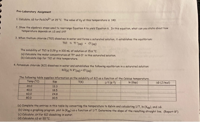 Solved Pre-Laboratory Assignment 1. Calculate at for FeSCN | Chegg.com