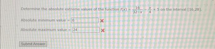 Solved Determine the absolute extreme values of the function | Chegg.com
