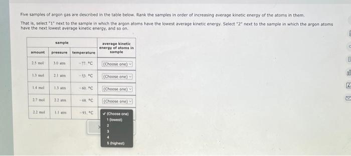 Solved Five samples of argon gas are described in the table | Chegg.com