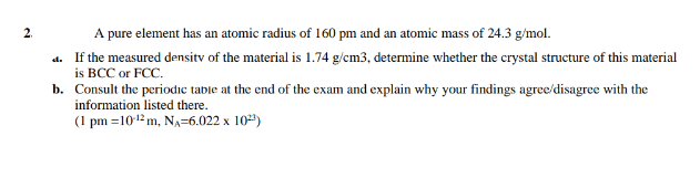 Solved A pure element has an atomic radius of 160pm ﻿and an | Chegg.com