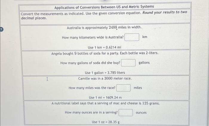 Solved Applications of Conversions Between US and Metric | Chegg.com