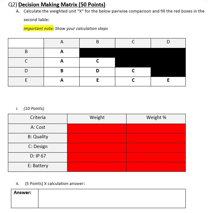 Solved Q2) Decision Making Matrix (50 Points) A. Calculate | Chegg.com