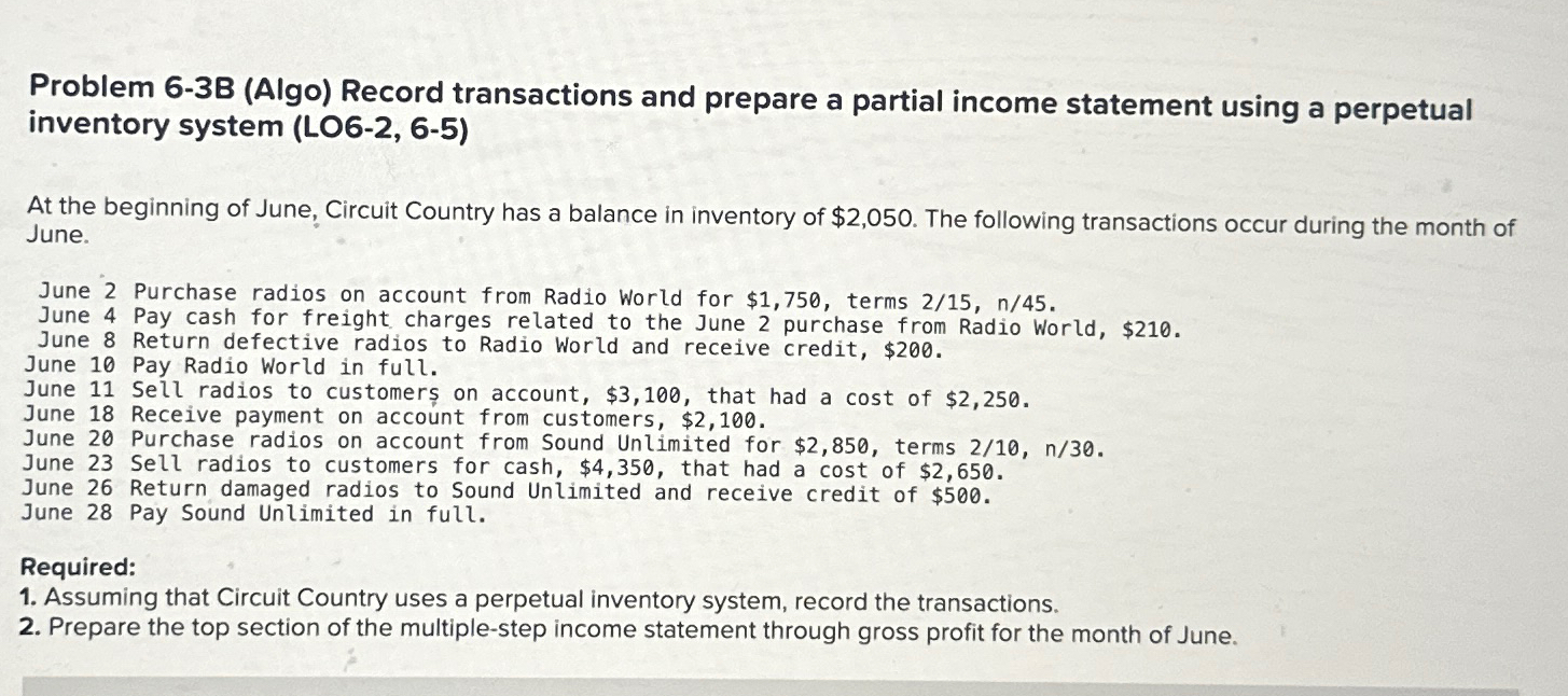 Solved Problem 6-3B (Algo) ﻿Record transactions and prepare | Chegg.com