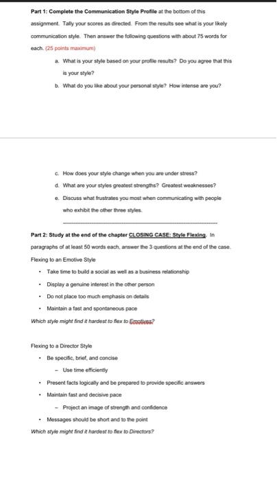 Part 1: Complete the Communication Style Profile at | Chegg.com