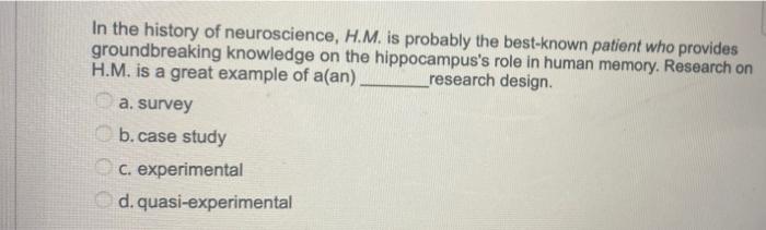 Solved In the history of neuroscience, H.M. is probably the | Chegg.com