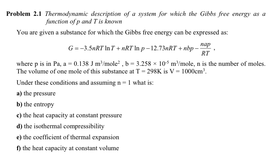 Solved Problem 2.1 ﻿Thermodynamic description of a system | Chegg.com
