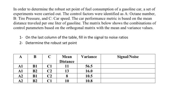 Solved In order to determine the robust set point of fuel | Chegg.com