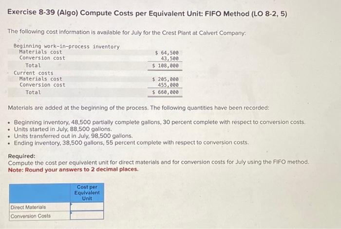 Solved Exercise 8-39 (Algo) Compute Costs per Equivalent | Chegg.com