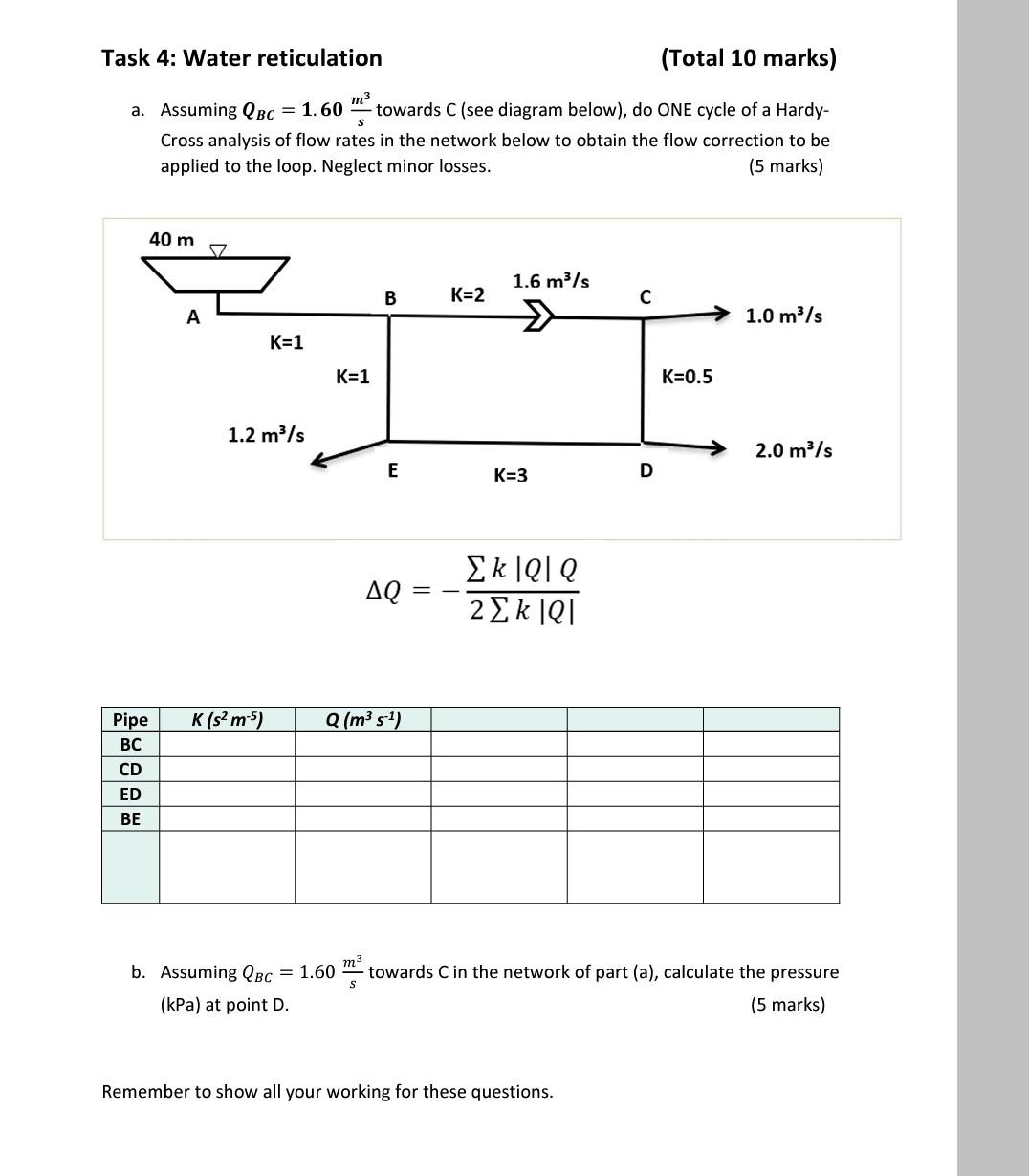 Solved Task 4: Water reticulation (Total 10 marks) a. | Chegg.com