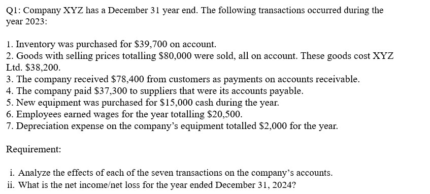 Solved Q1: Company XYZ has a December 31 ﻿year end. The | Chegg.com