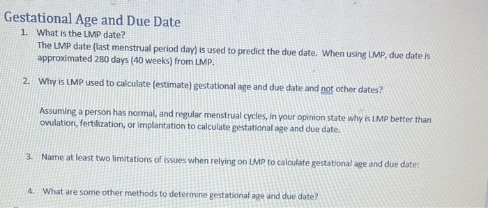 Solved Gestational Age and Due Date 1. What is the LMP date? | Chegg.com
