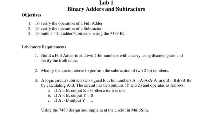Solved Lab 1 Binary Adders and Subtractors Objectives 1. To | Chegg.com