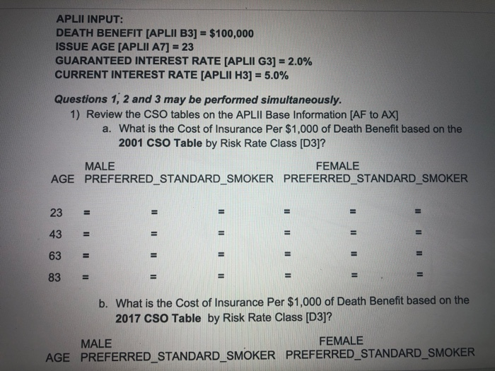 APLII INPUT: DEATH BENEFIT [APLII B3] = $100,000 | Chegg.com