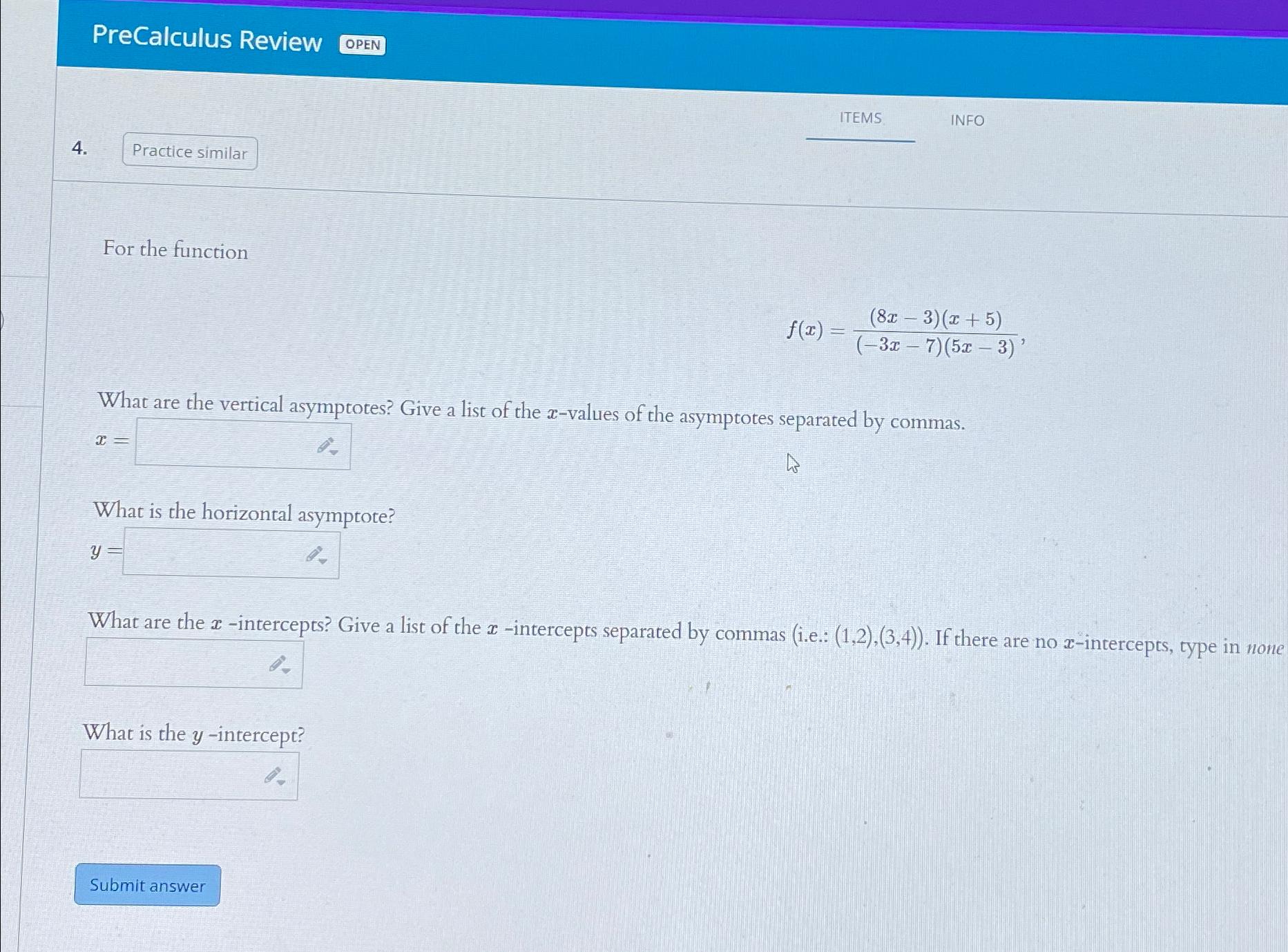 Solved PreCalculus ReviewOPEN4. ﻿Practice similarFor the | Chegg.com