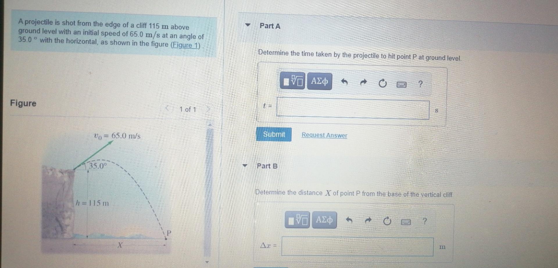 Solved Part A A projectile is shot from the edge of a cliff | Chegg.com