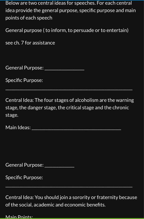 Below are two central ideas for speeches. For each | Chegg.com