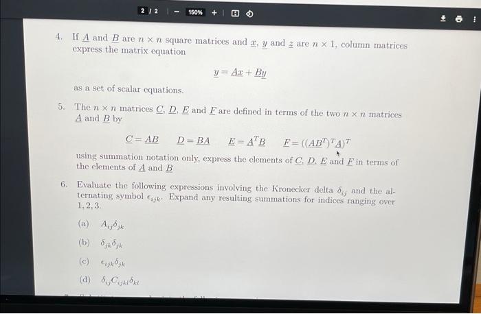 Solved 4. If A and B are n×n square matrices and x,y and z | Chegg.com