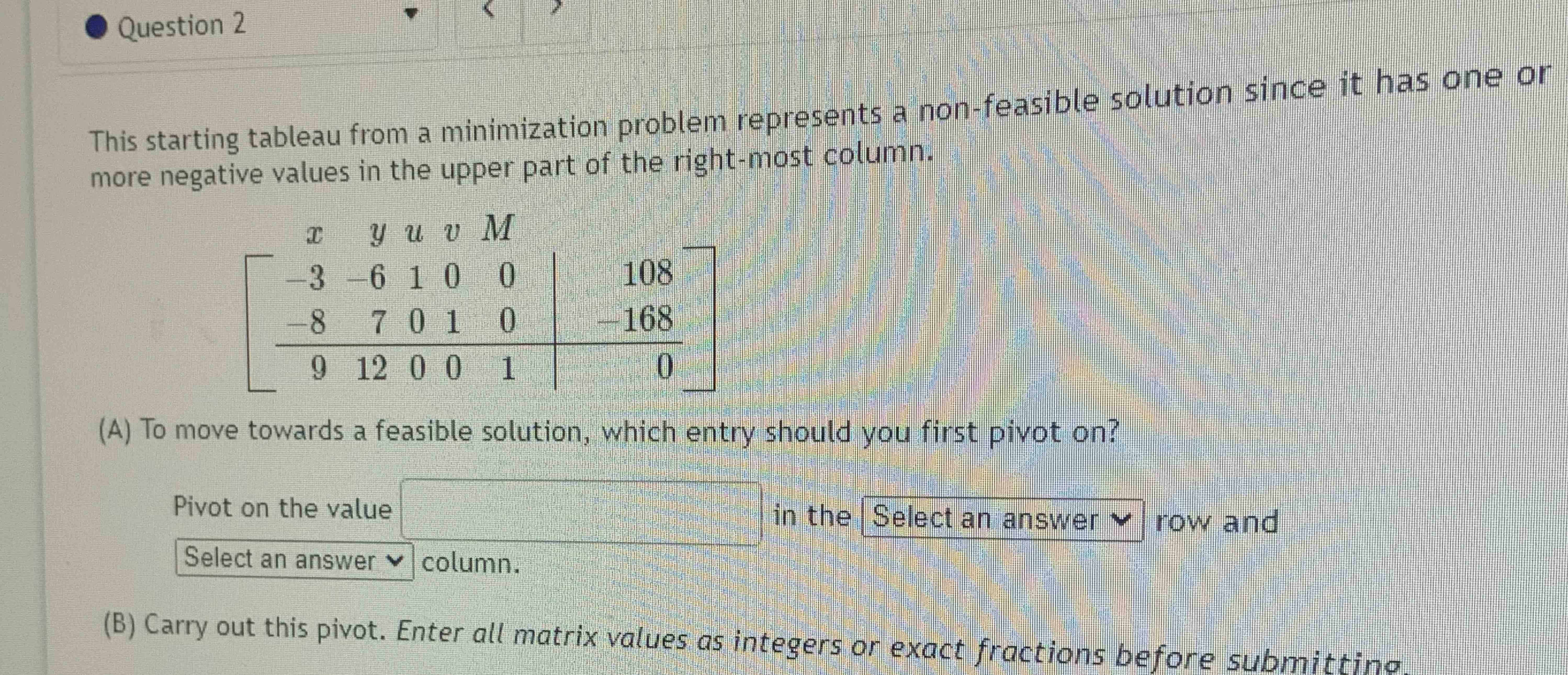 Solved Question 2This starting tableau from a minimization | Chegg.com