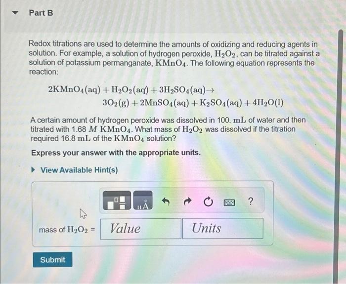 Solved Part B Redox titrations are used to determine the | Chegg.com