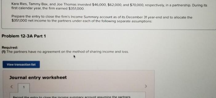 Solved Kara Ries, Tommy Bax, and Joe Thomas invested | Chegg.com