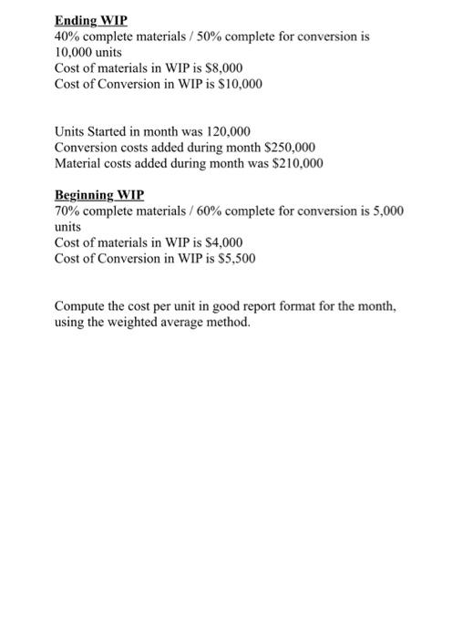 Solved Ending WIP 40% complete materials / 50% complete for | Chegg.com