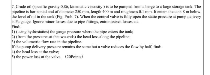 Solved 7. Crude oil (specific gravity 0.86, kinematic | Chegg.com