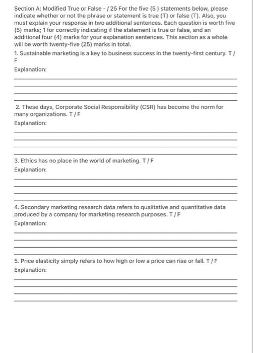 Solved Section A: Modified True or False −/25 For the five | Chegg.com