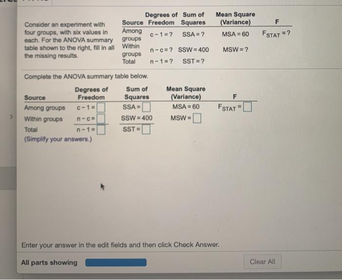 Solved F Mean Square (Variance) MSA = 60 FSTAT = ? MSW = ? | Chegg.com