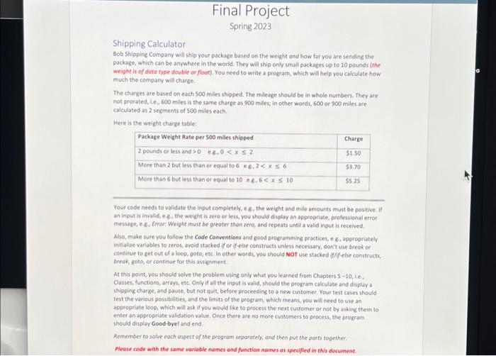 Solved Final Project Spring 2023 Shipping Calculator Bob | Chegg.com