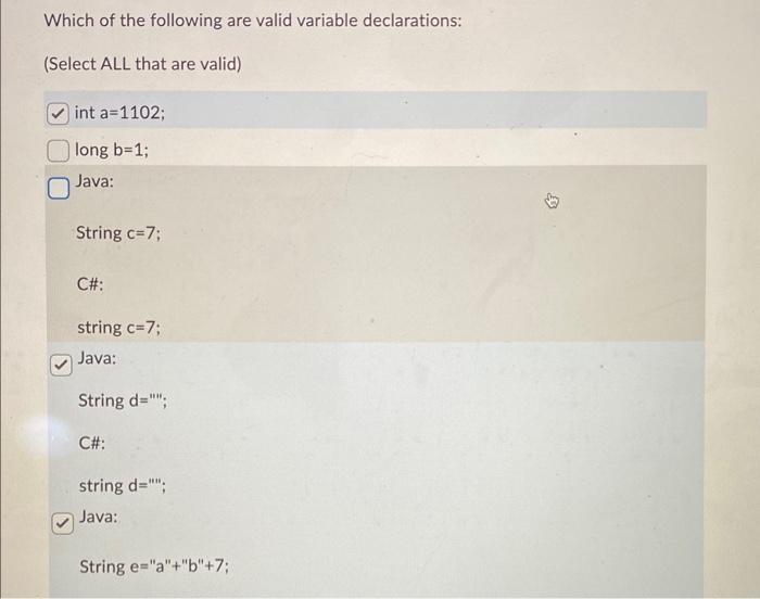 Solved int a=1102; long b=1; Java: String c=7; C\#: string | Chegg.com