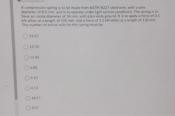 Solved A compression spring is to be made from ASTM A227 | Chegg.com