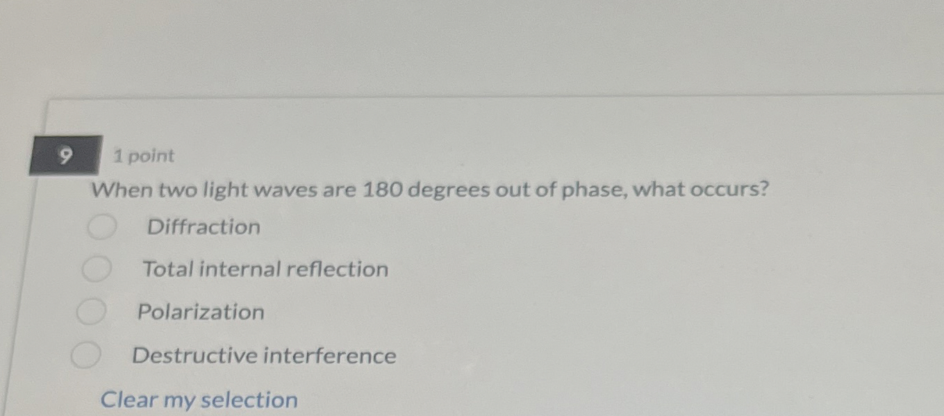 Solved 1 ﻿pointWhen two light waves are 180 ﻿degrees out of | Chegg.com