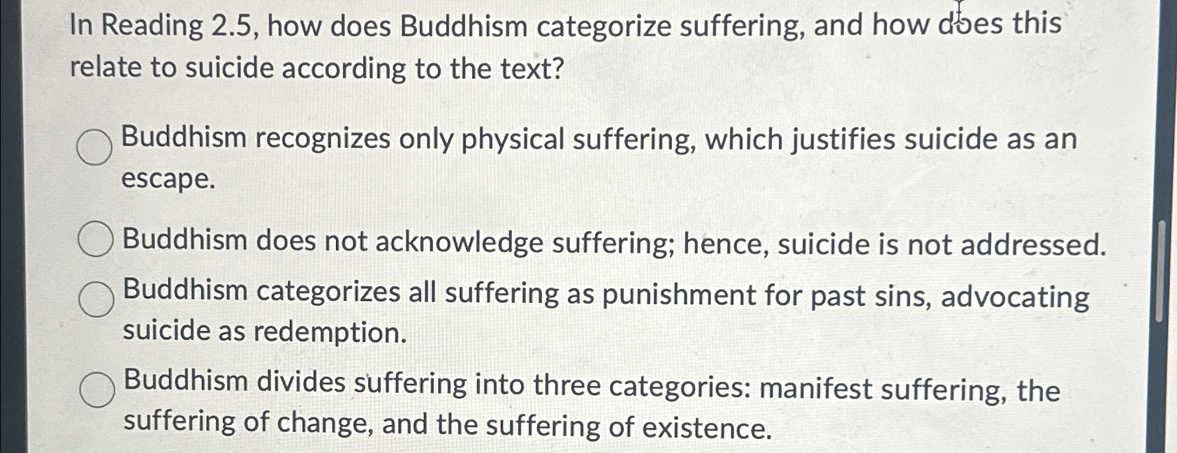 Solved In Reading 2.5, ﻿how does Buddhism categorize | Chegg.com