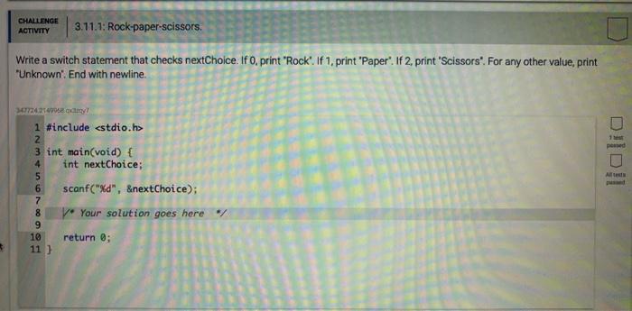 Solved CHALLENGE ACTIVITY 3.11.1: Rock-paper-scissors, Write | Chegg.com