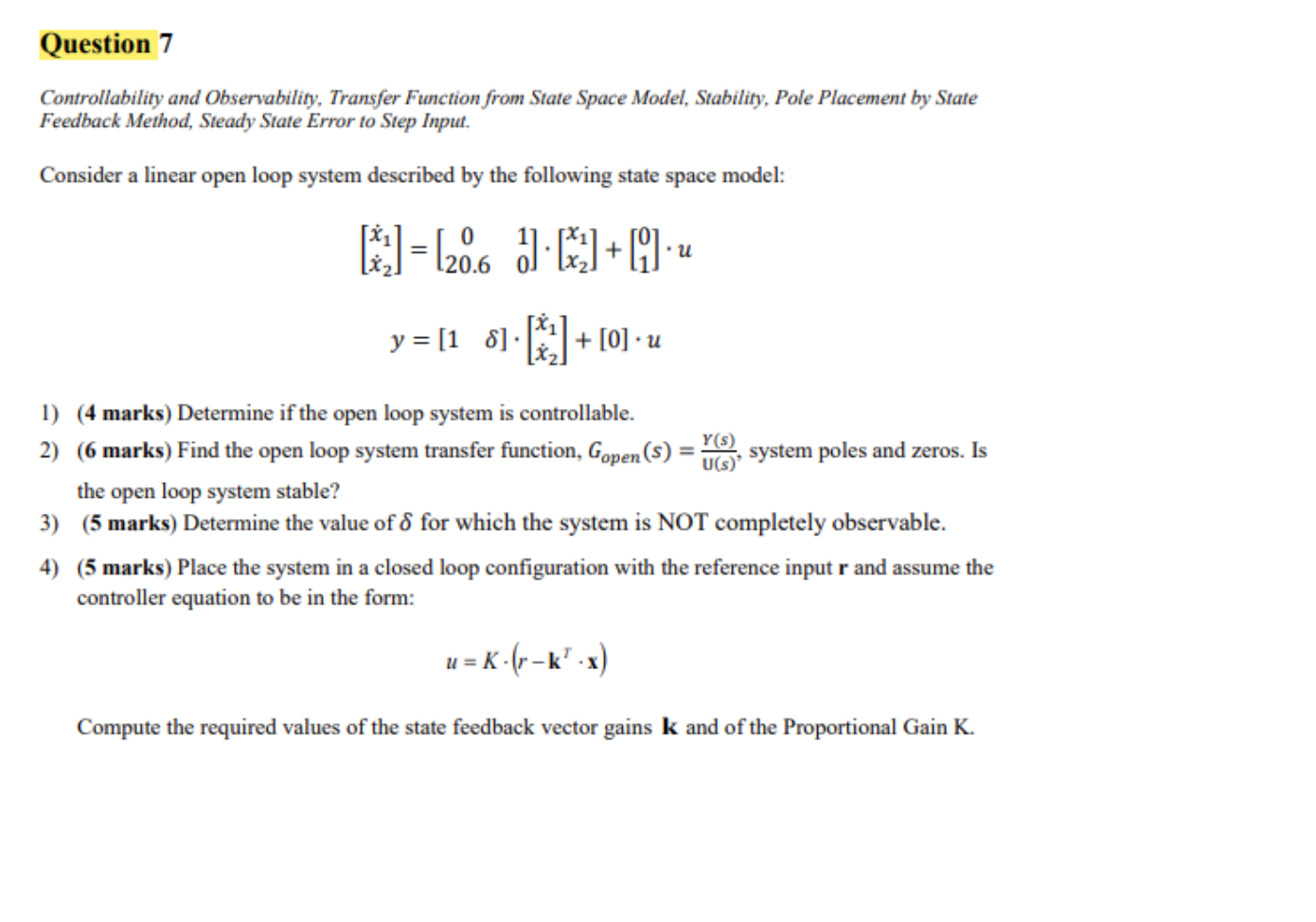 Solved Question 7Controllability and Observability, Transfer | Chegg.com