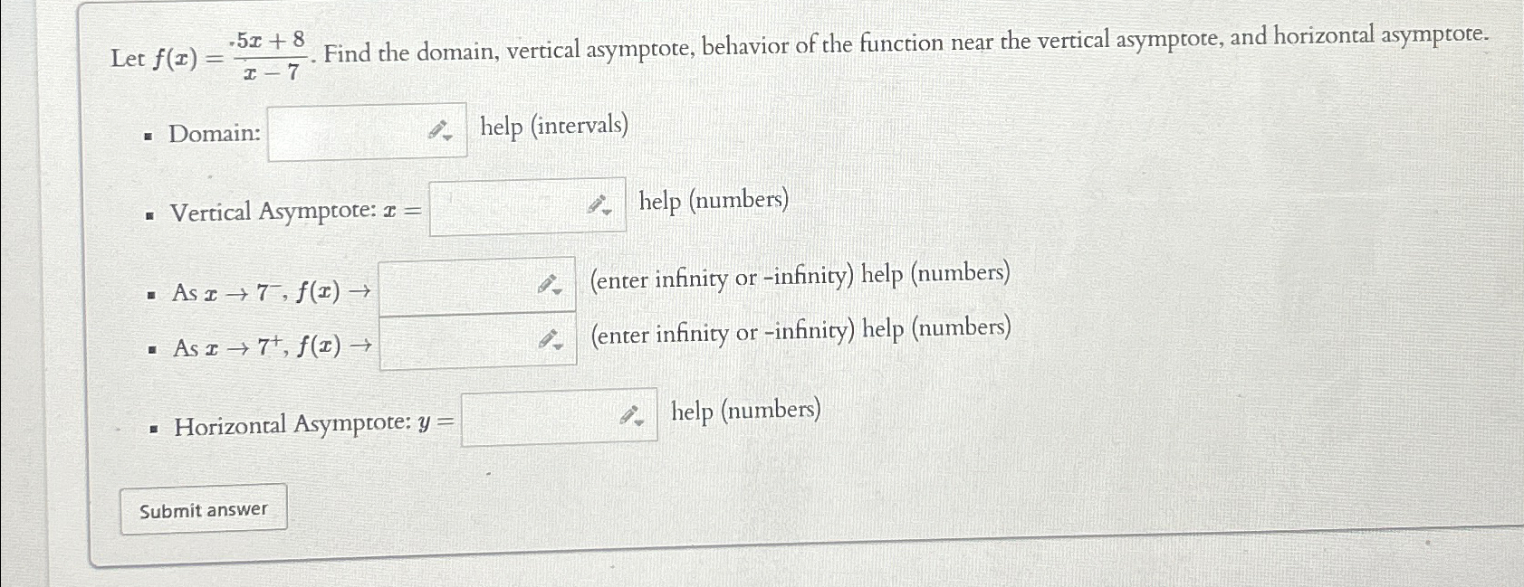 Solved Let f(x)=.5x+8x-7 ﻿ Find the domain, vertical | Chegg.com