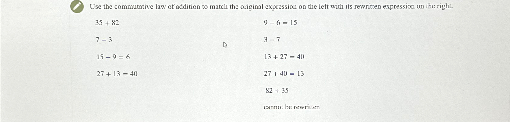 Solved Use the commutative law of addition to match the | Chegg.com