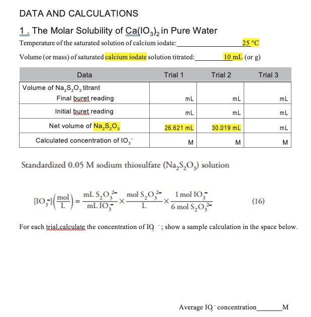 DATA AND CALCULATIONS 1. The Molar Solubility of | Chegg.com