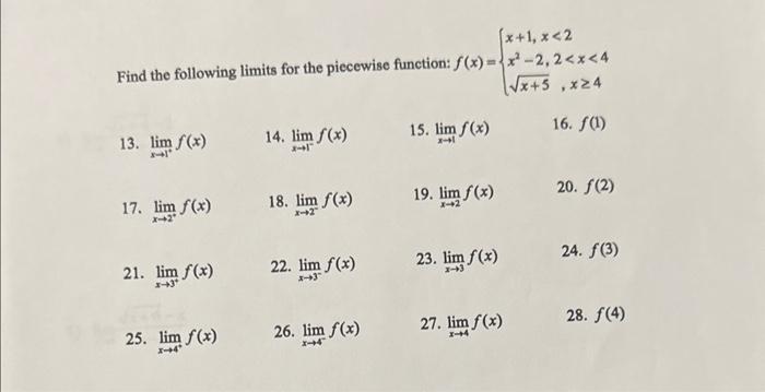 Solved Find the following limits for the piecewise function: | Chegg.com
