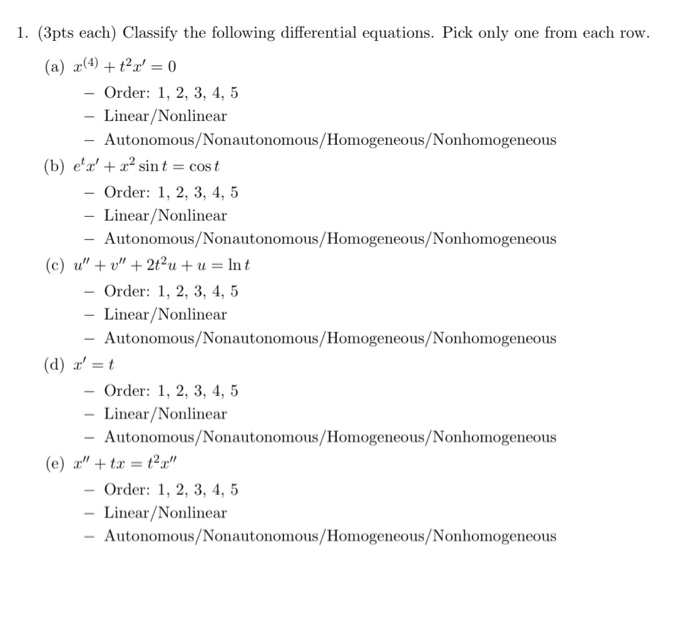 Solved 1. (3pts each) Classify the following differential | Chegg.com