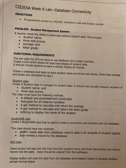 Solved CIS355A Week 6 Lab-Database Connectivity OBJECTIVES • | Chegg.com