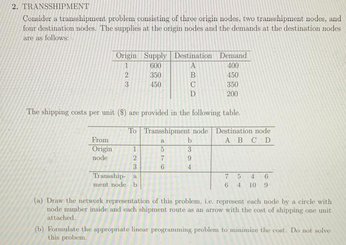 Solved Consider a transshipment problem consisting of three | Chegg.com